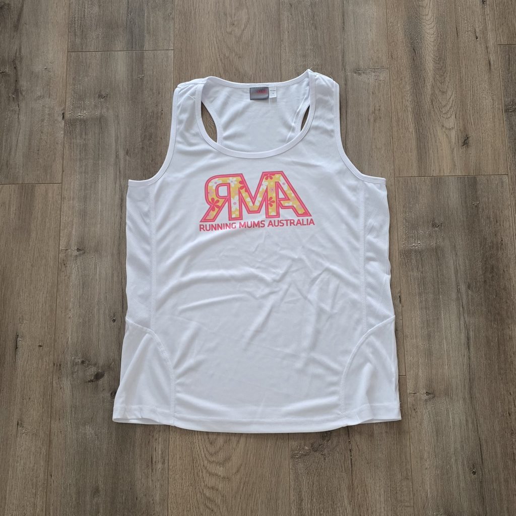 2025 RMA White Flower Power Singlet - RUNNING MUMS AUSTRALIA